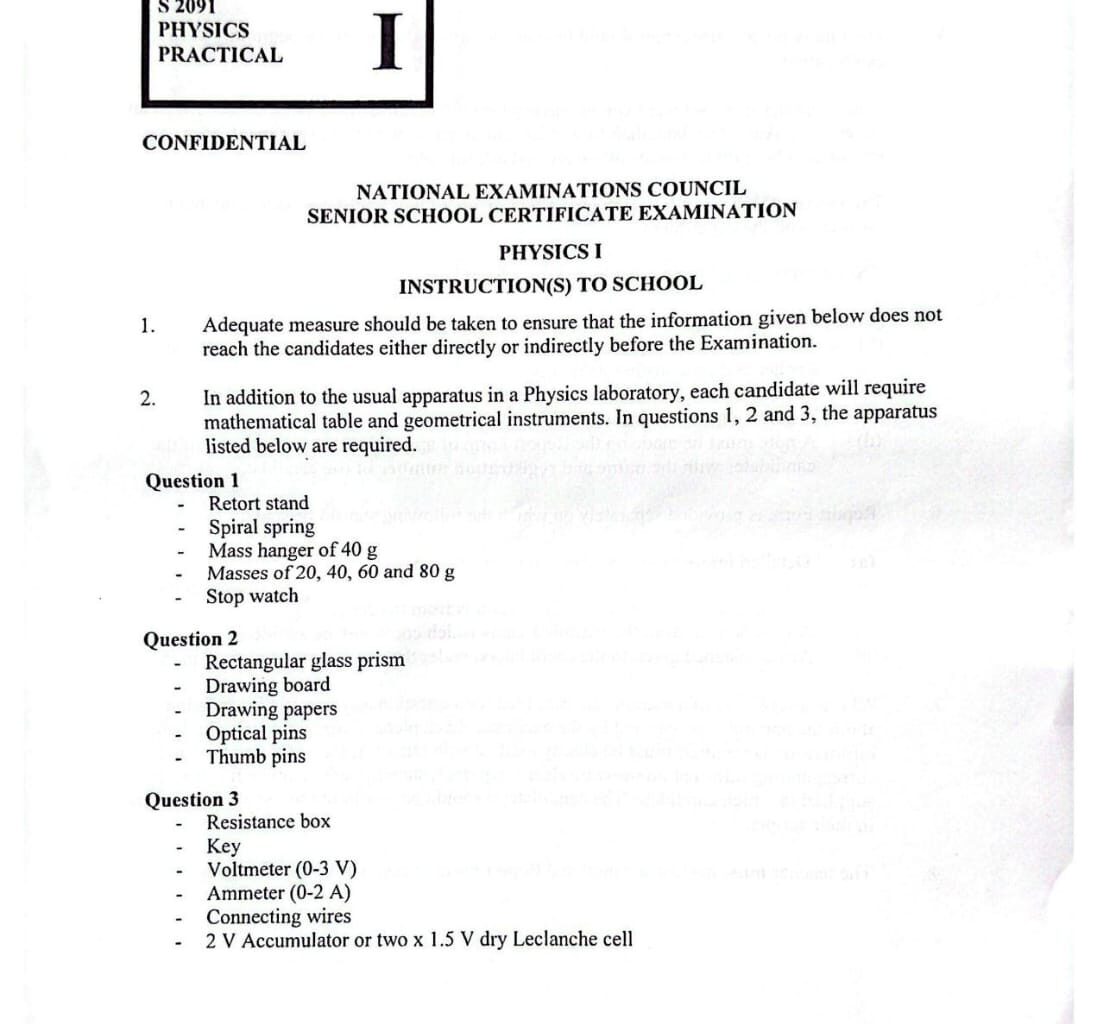 NECO Physics Practical Specimen 2026 - ZAMGIST